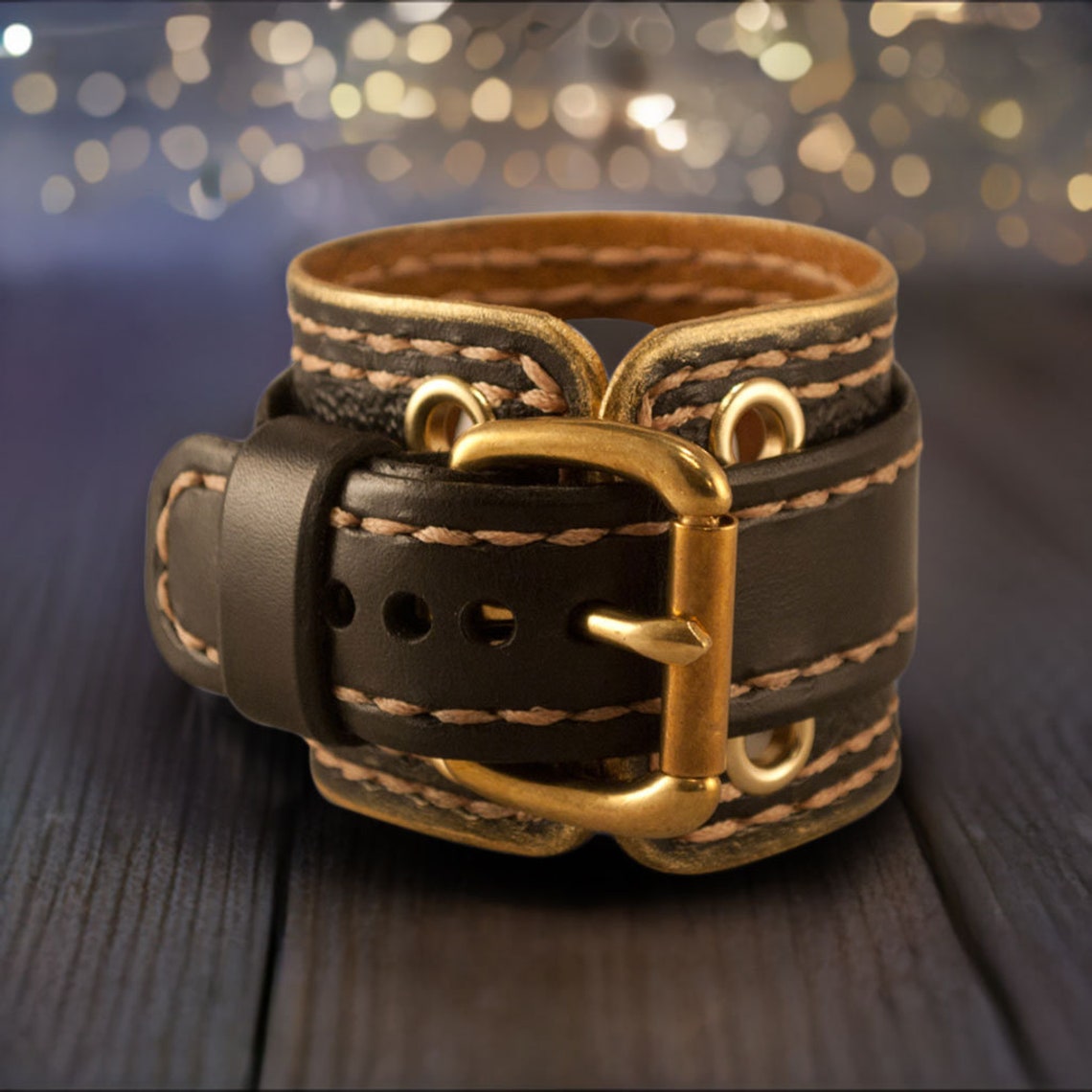 Black and Gold Wide Leather Apple Cuff Watch Band With Brass Eyelets ...
