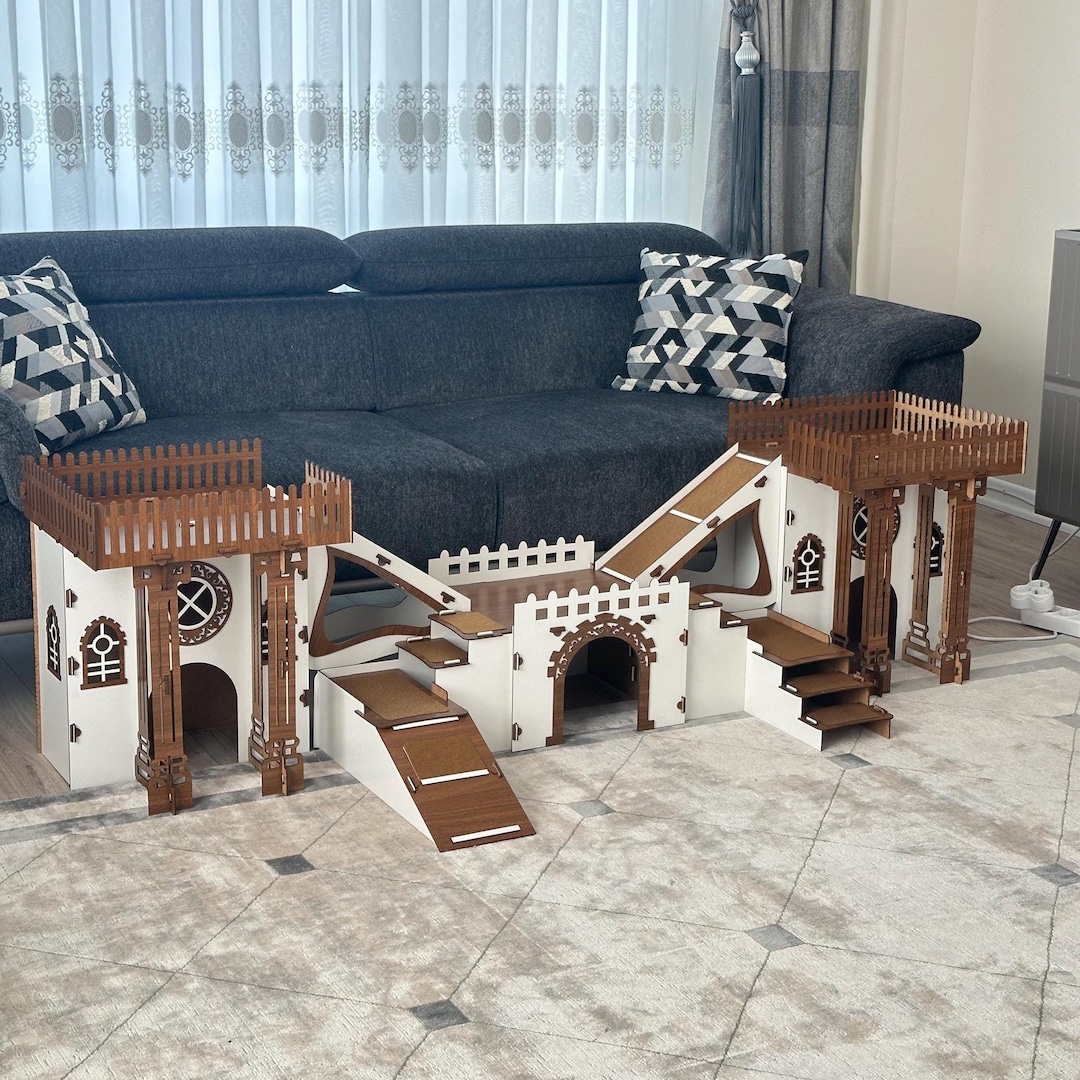 Royal Twin Bunny Villa: 3 Rooms, 6 Spaces, White & Walnut Rabbit Palace ...