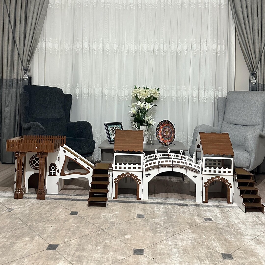 Large White Walnut Bunny Castle – Multi-level Rabbit Villa With Bridge ...