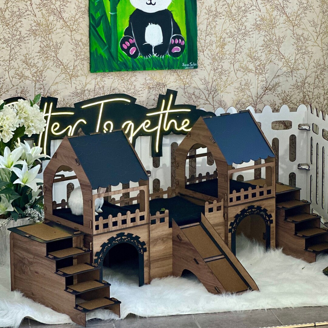 Luxury Twin-tower Guinea Pig Castle | 2-story Oak & Black Pet Palace ...