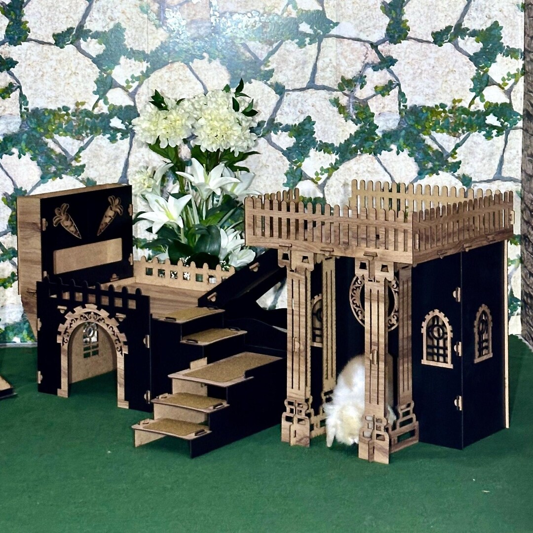 Luxury Black Oak Bunny Villa – Multi-level Rabbit Castle With Feeder ...