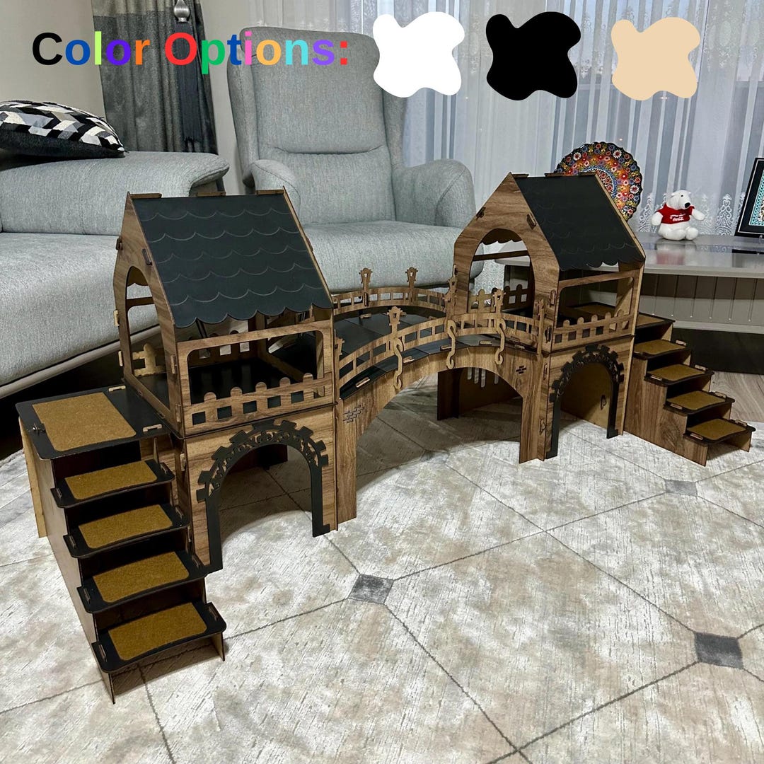 Two Story Wooden Bunny Castle – Rabbit House With Bridge, Towers ...