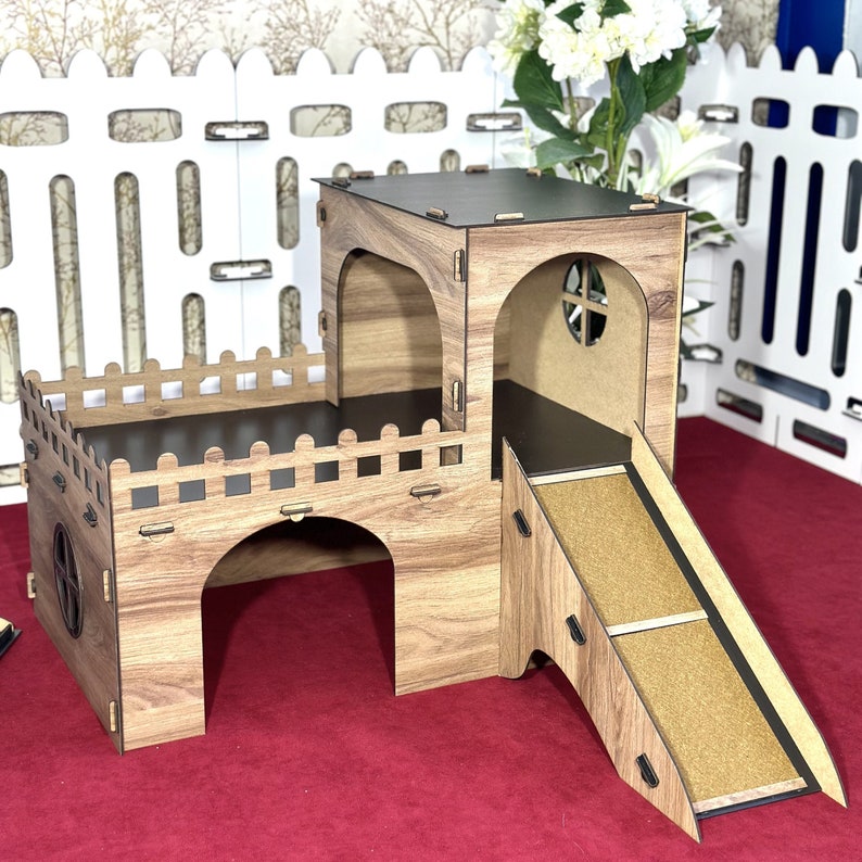 Large Bunny Castle With a Tower,oak Black Rabbit Palace With Two-story ...