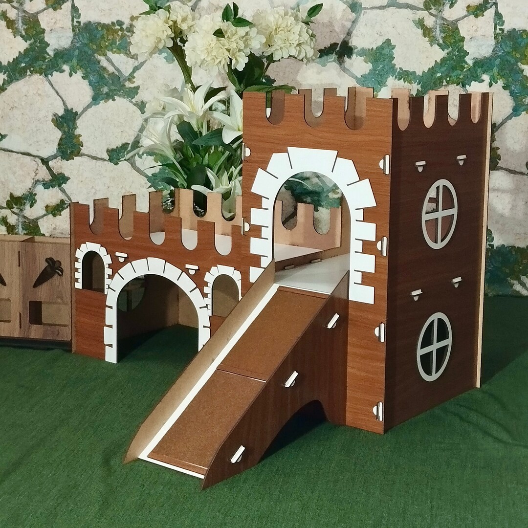 Bunny Castle With Single Closed Tower, Walnut White Rabbit Palace With ...