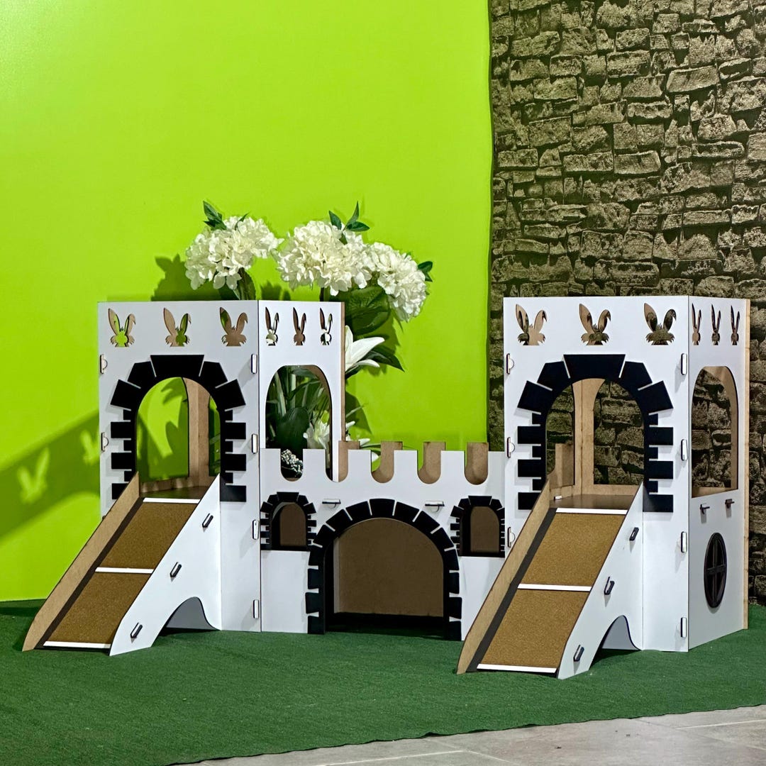 Two-story Bunny Castle: White & Pink Rabbit Palace With Terrace - Etsy
