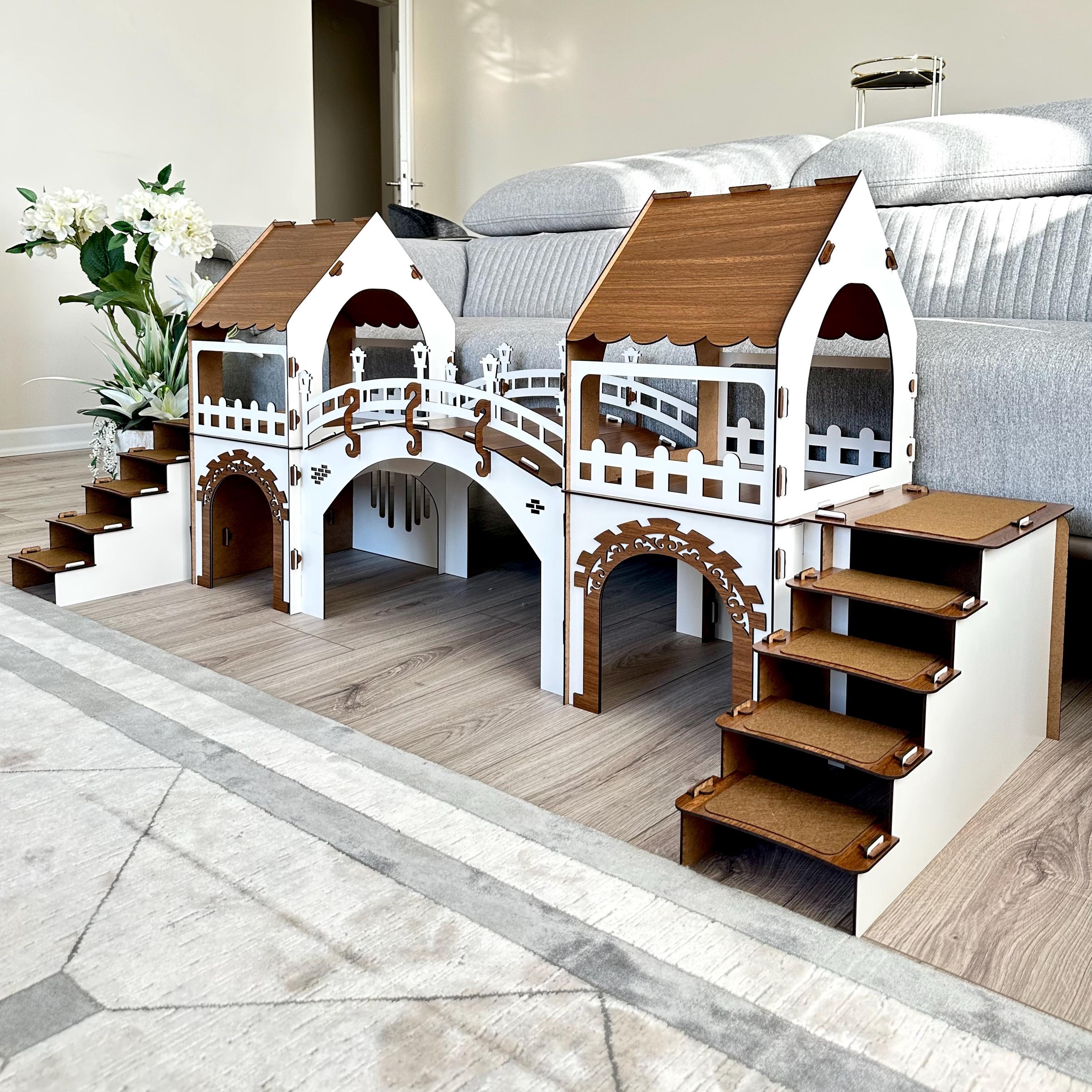 Two-story Rabbit Castle: Wooden Bunny House With Suspension Bridge - Etsy