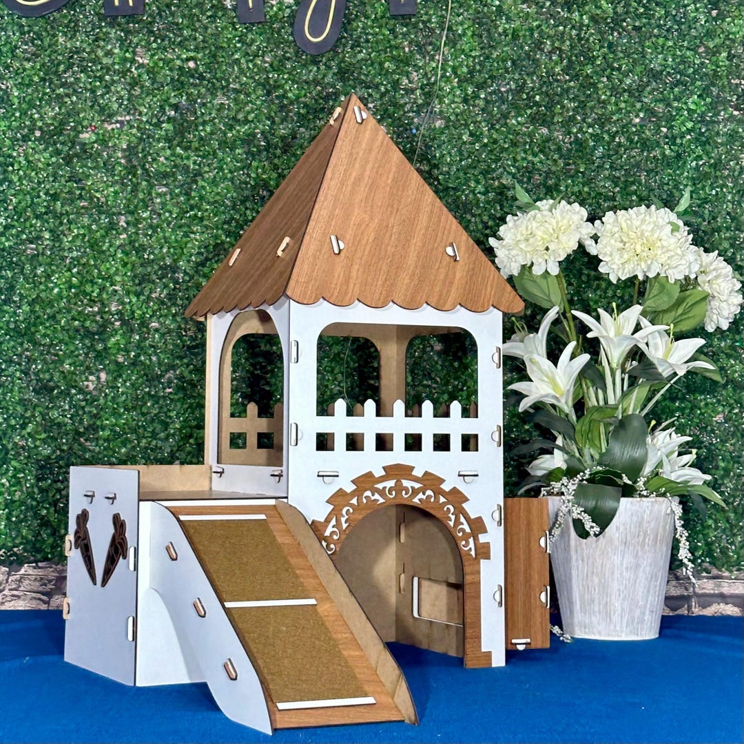 White Walnut Bunny Castle With Feeder | Spacious Two-storey Rabbit ...