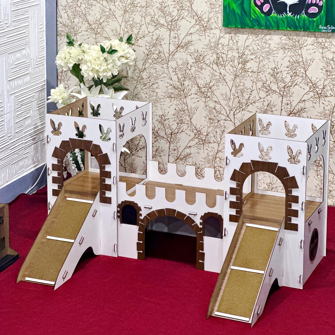 White & Walnut Bunny Castle With Twin Towers – 2-story Rabbit House ...