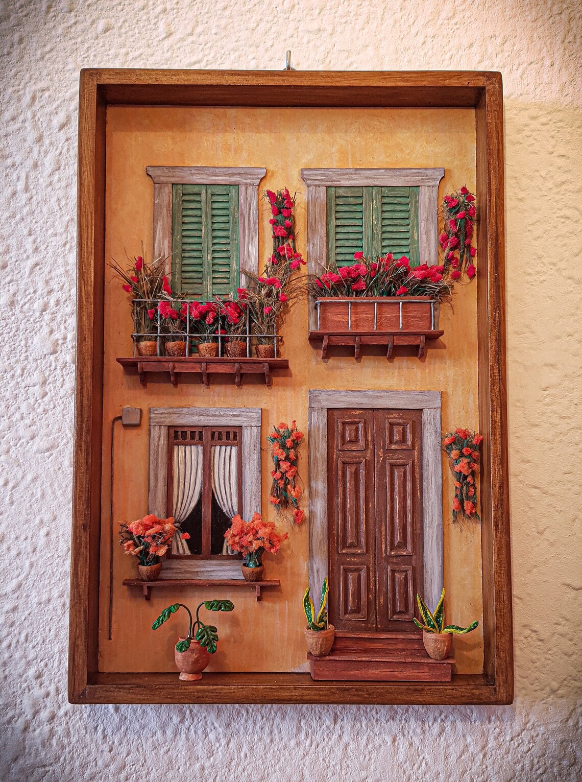 Wooden Hanging Diorama, Traditional House With Flowers, Decorative Wall ...