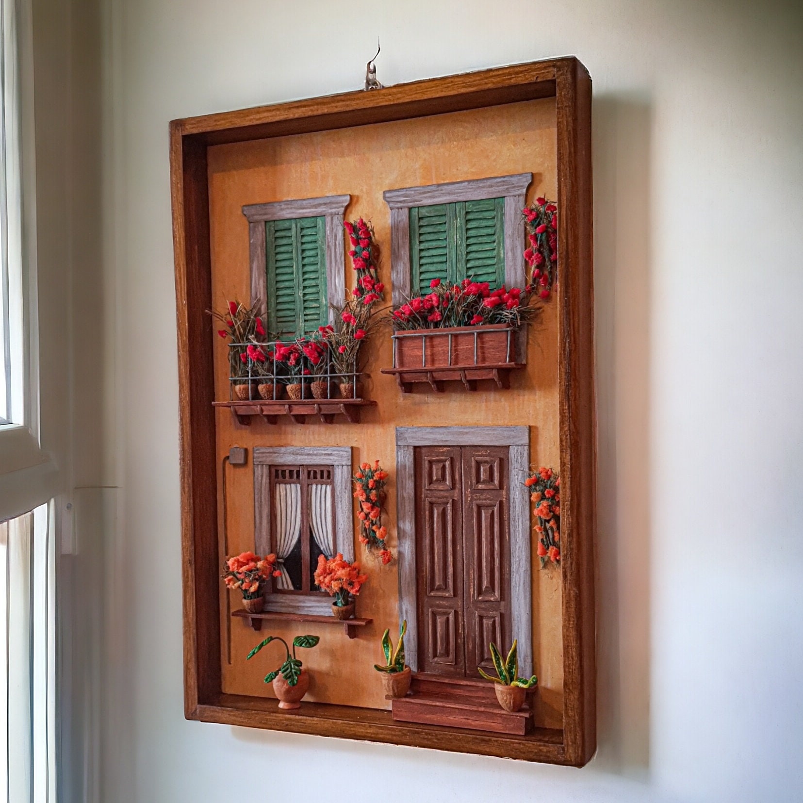 Wooden Hanging Diorama, Traditional House With Flowers, Decorative Wall ...