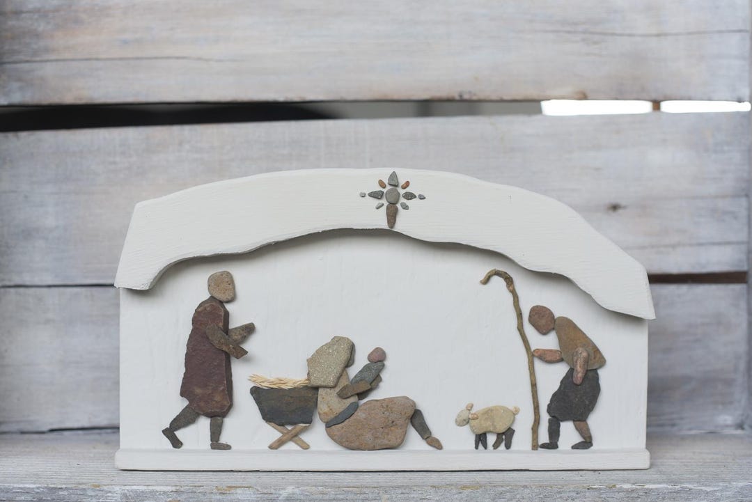 Pebble Art Nativity With Bowing Shepherd - Etsy