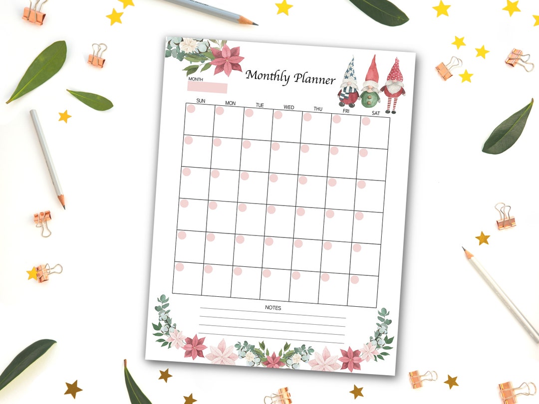 Gnomes Calendar Printable Monthly Calendar Sweet Gnomes Undated Holiday ...