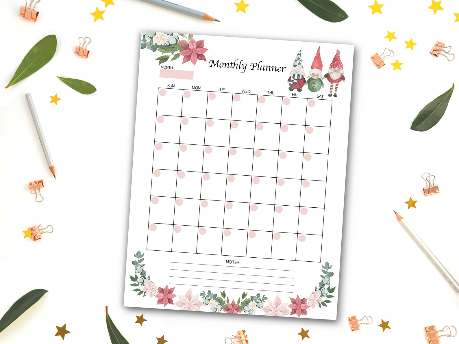 Gnomes Calendar Printable Monthly Calendar Sweet Gnomes Undated Holiday ...