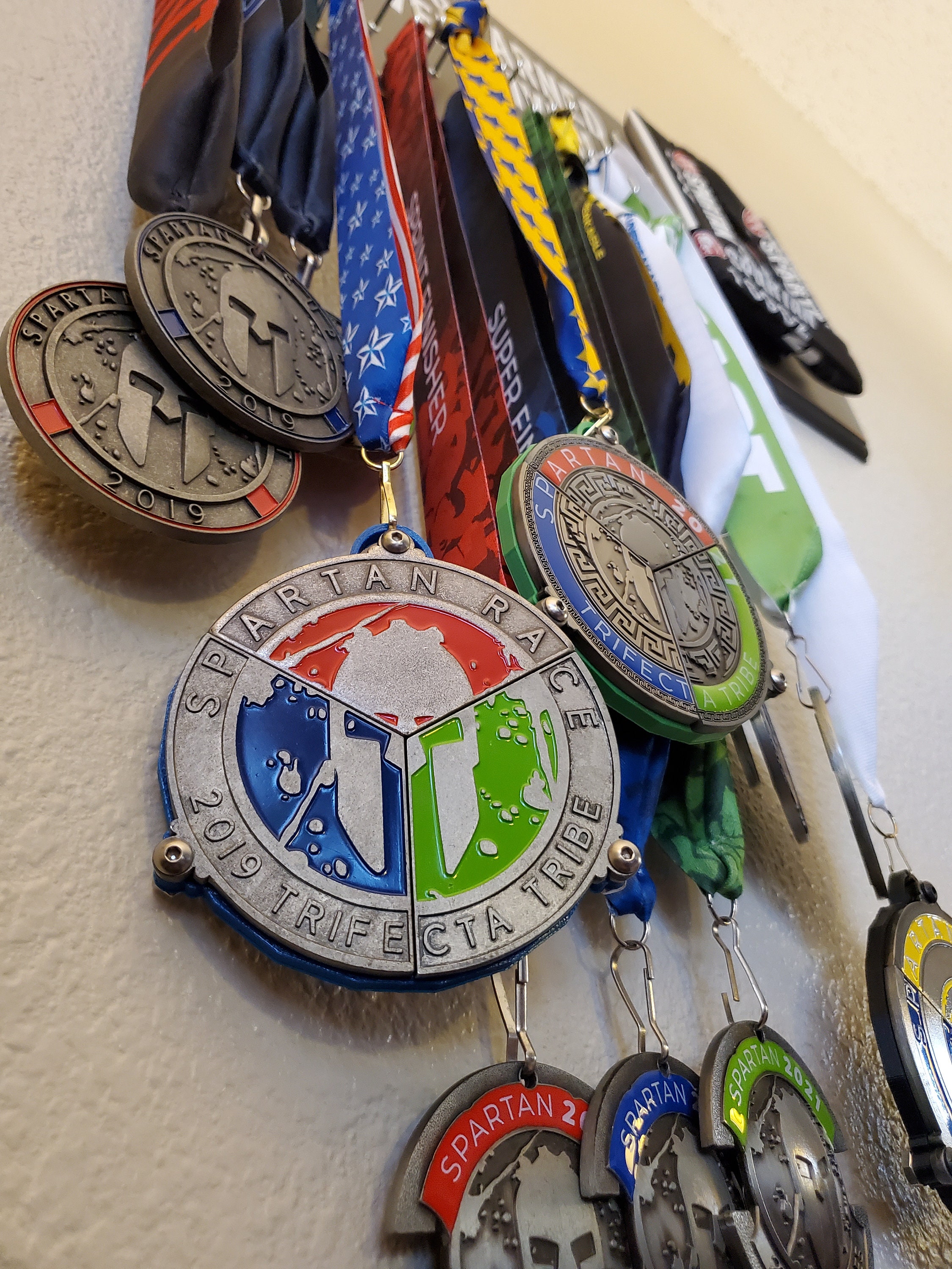 Spartan Trifecta Wedge HANGING Medal Display With Ribbon - Etsy