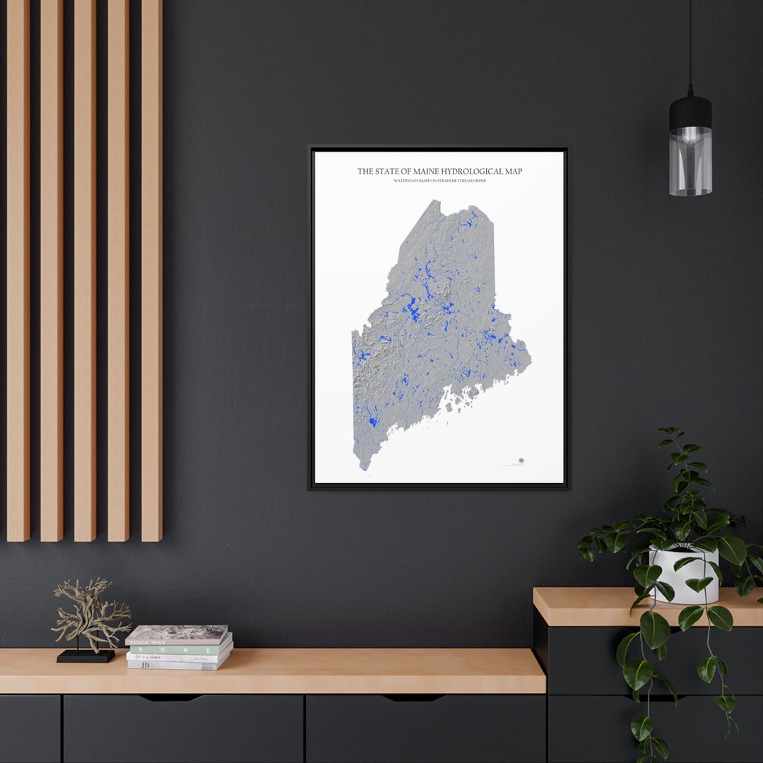 State of Maine Hydrological Map gray on Matte Canvas in - Etsy