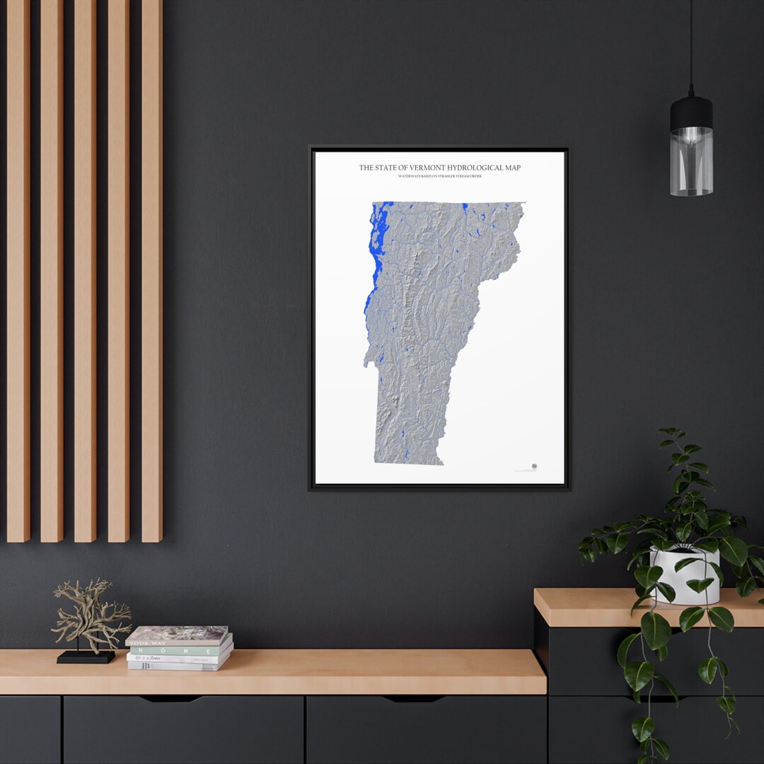 State of Vermont Hydrological Map gray on Matte Canvas in - Etsy