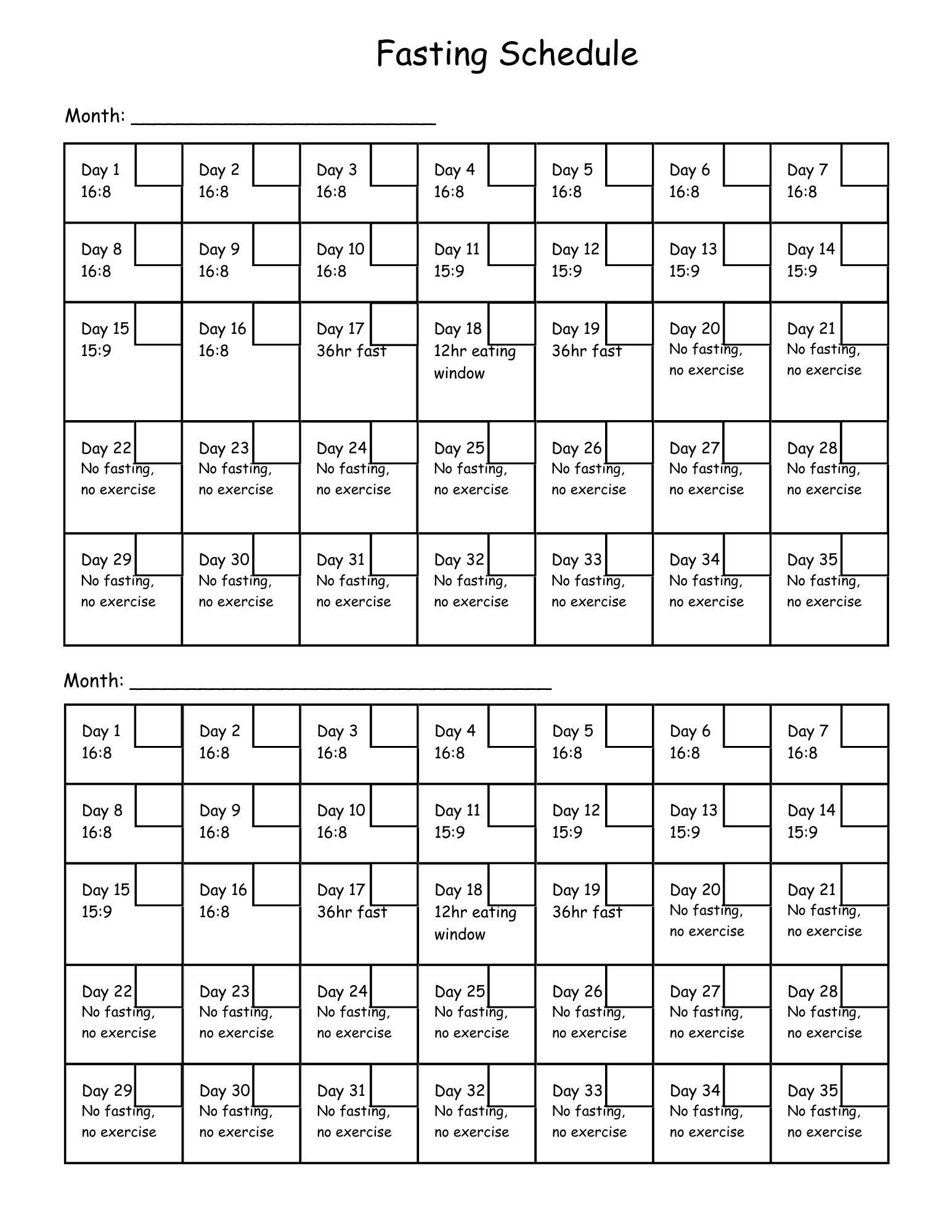 Two Month Fasting Calendar, Intermittent Fasting, Extended 35-day Cycle ...