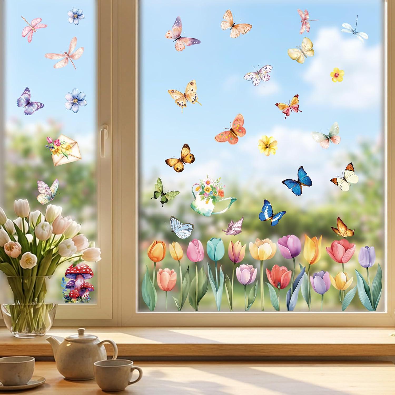 9 Sheets Spring Window Clings | Flower & Butterfly Reusable Window ...