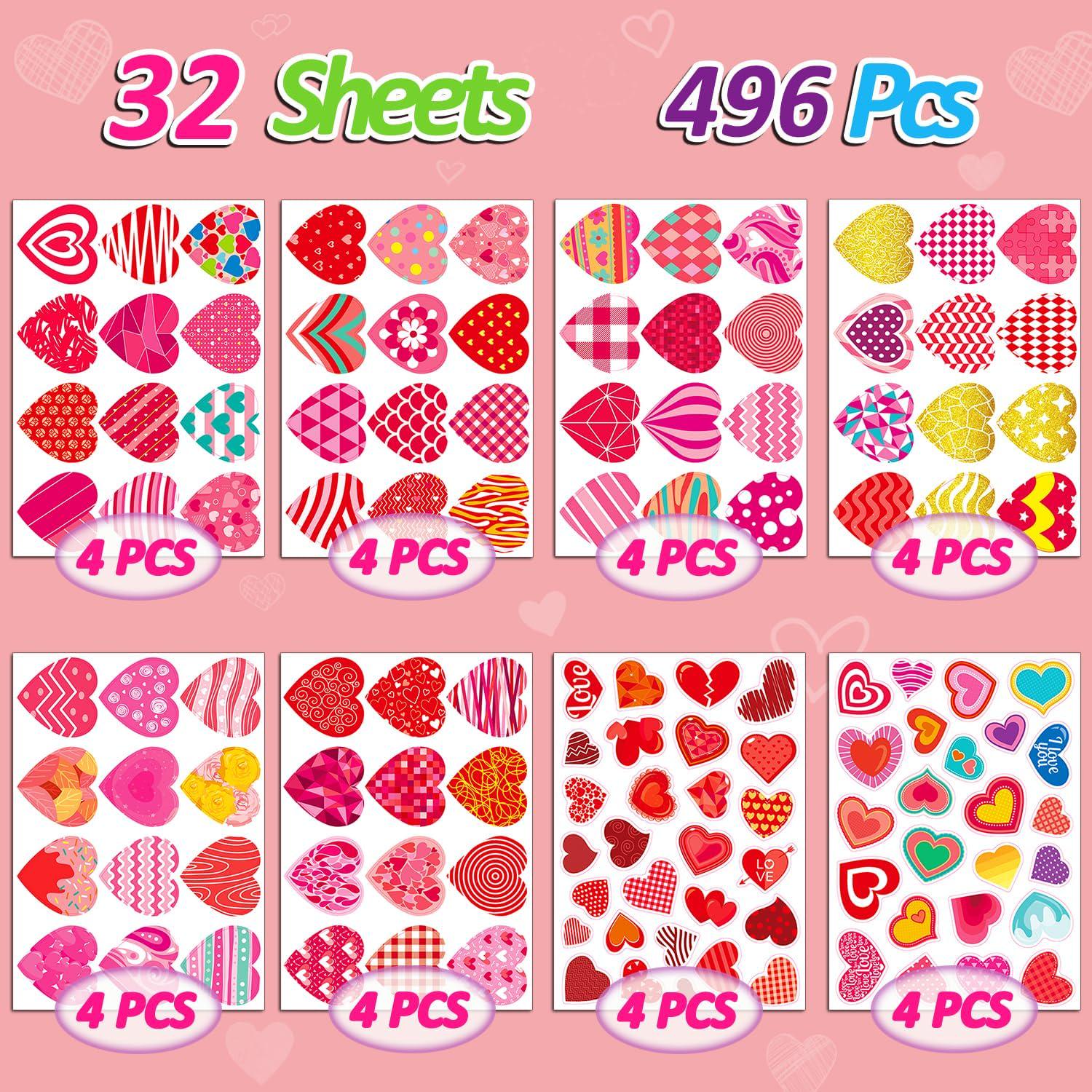 496PCS Valentine Stickers for Kids, Cute Heart Stickers for Classroom ...