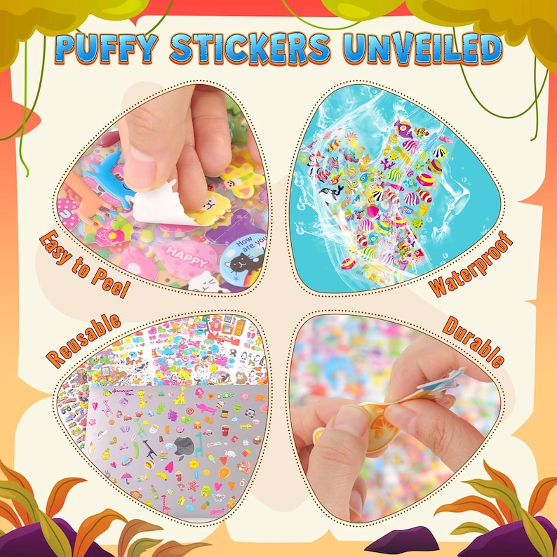 3200+ Kids Puffy Stickers | 64 Sheets Assorted Animal Reward Stickers ...
