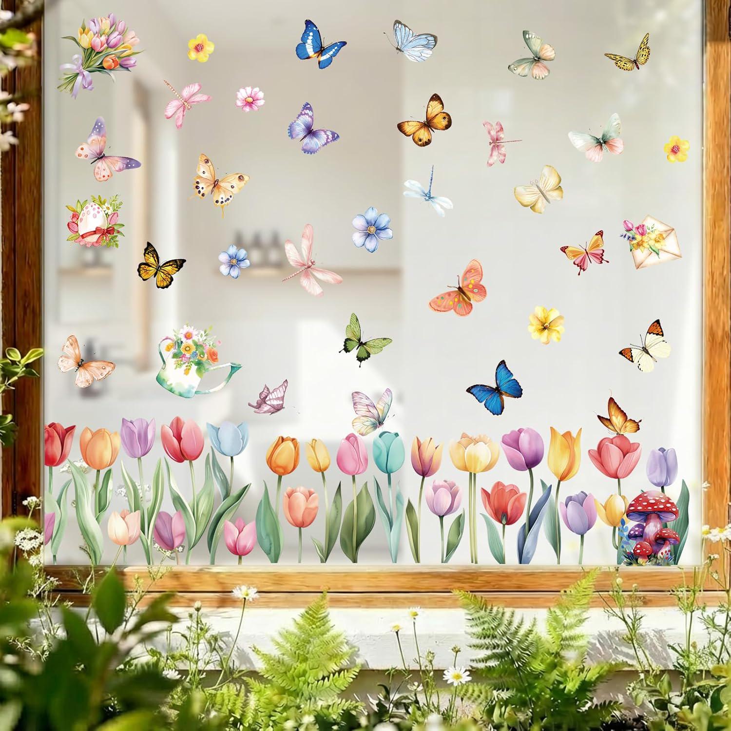 9 Sheets Spring Window Clings | Flower & Butterfly Reusable Window ...