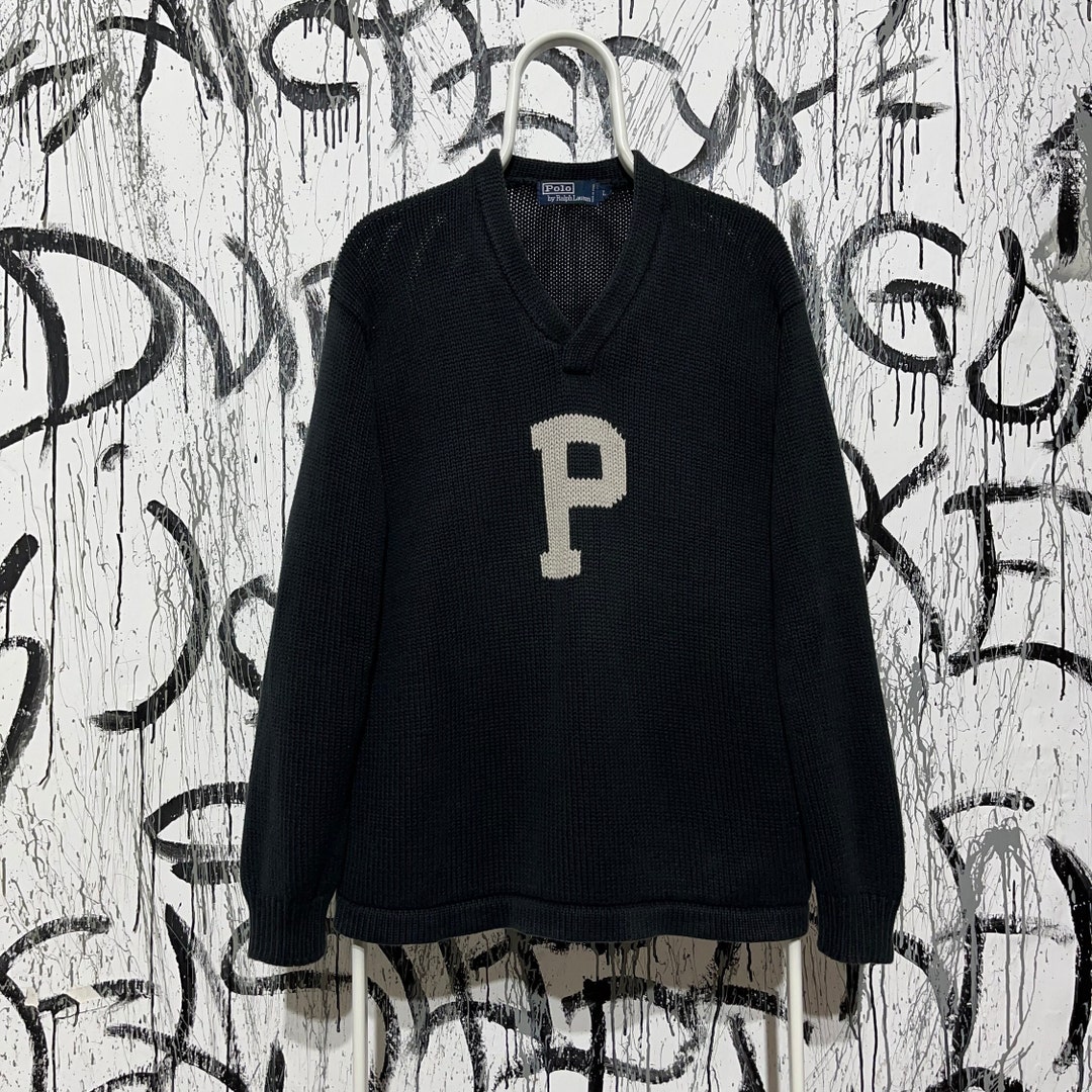 Polo Ralph Lauren Big P Vintage Sweater Logo Cotton V-neck Large Black ...