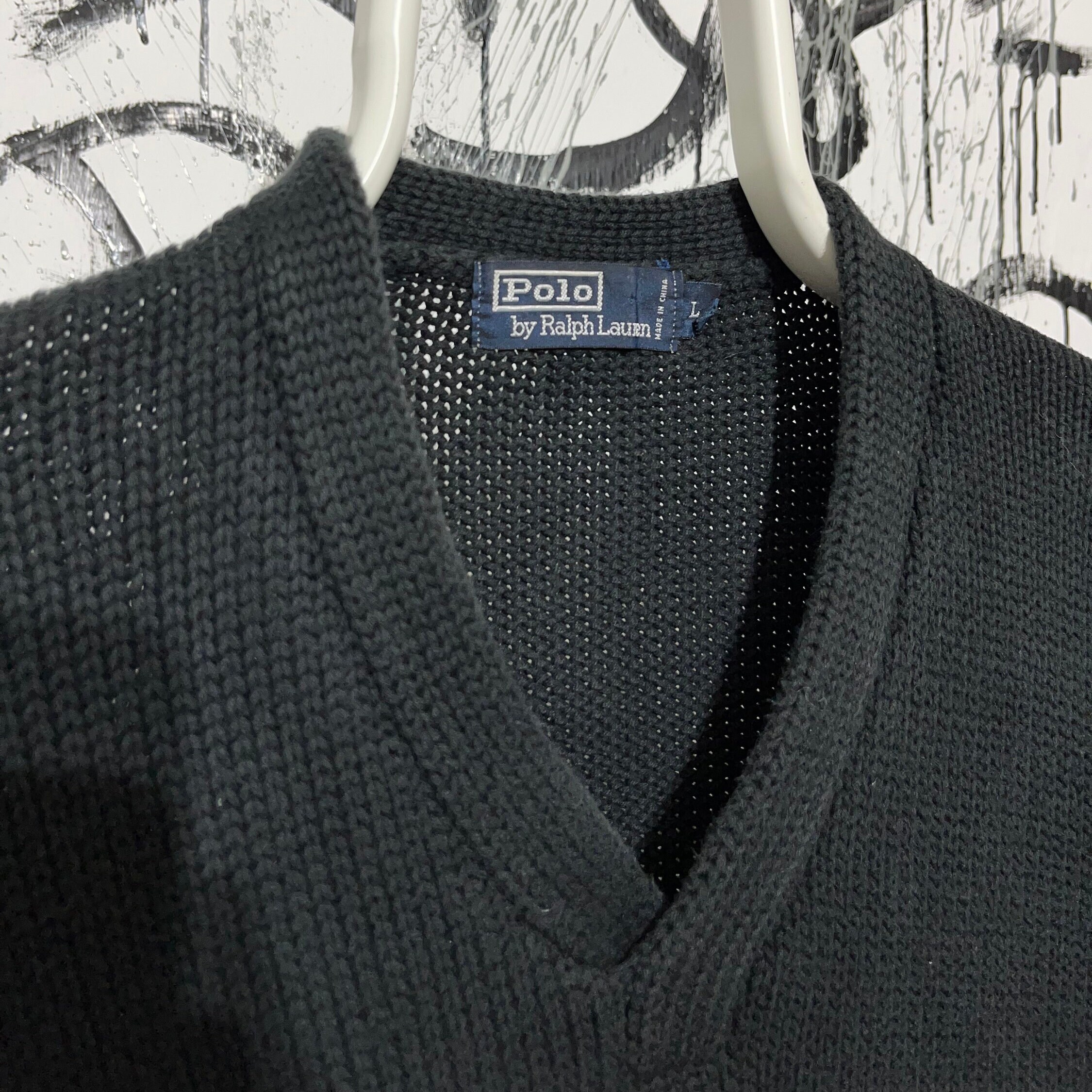 Polo Ralph Lauren Big P Vintage Sweater Logo Cotton V-neck Large Black ...