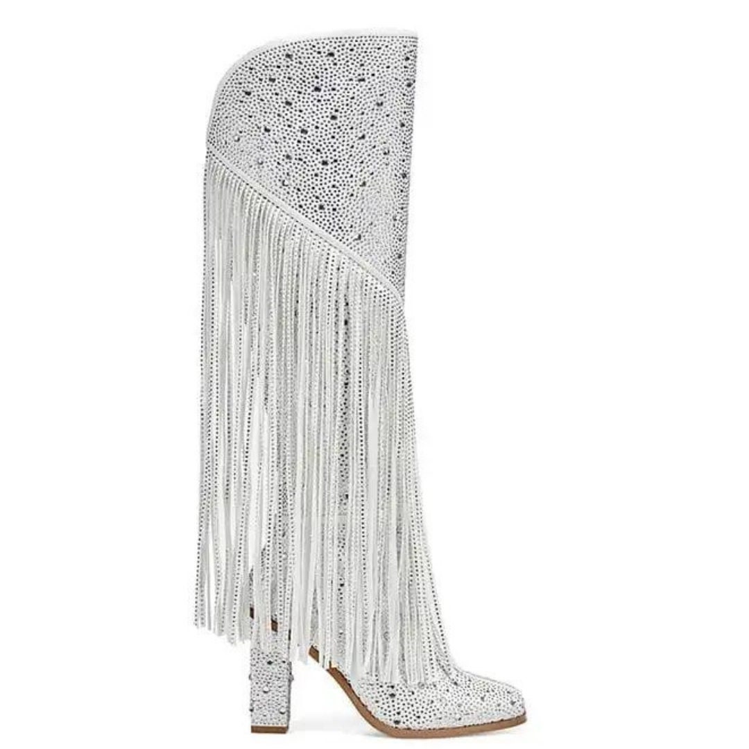 White Sparkly Cowboy Boots, Fringe Cowgirl, Western Boots, Tassel ...