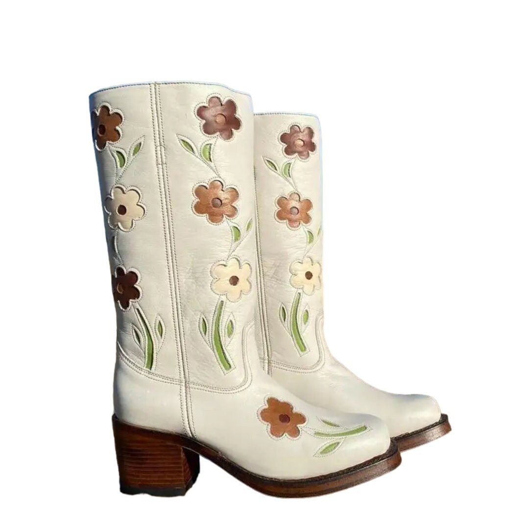 White Cowgirl Boots, Retro Flower Cowboy Boots, Western Knee High Boots ...