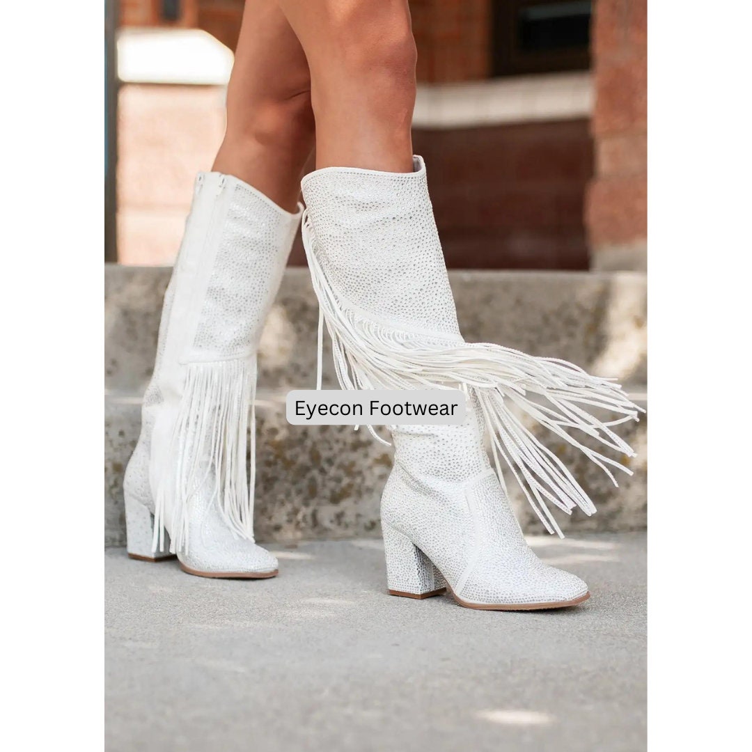 White Sparkly Cowboy Boots, Fringe Cowgirl, Western Boots, Tassel ...