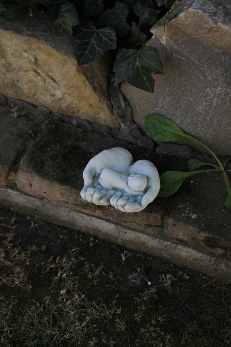Baby in Hands Concrete Sculpture, Newborn Sleeping in Hand Statue ...