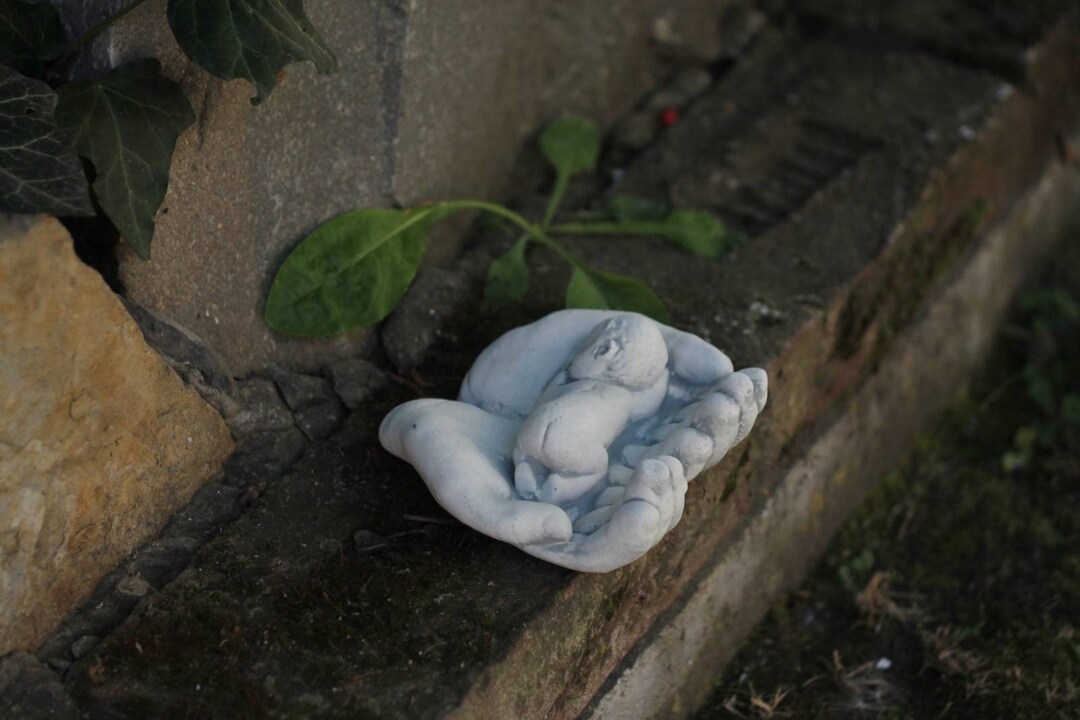 Baby in Hands Concrete Sculpture, Newborn Sleeping in Hand Statue ...