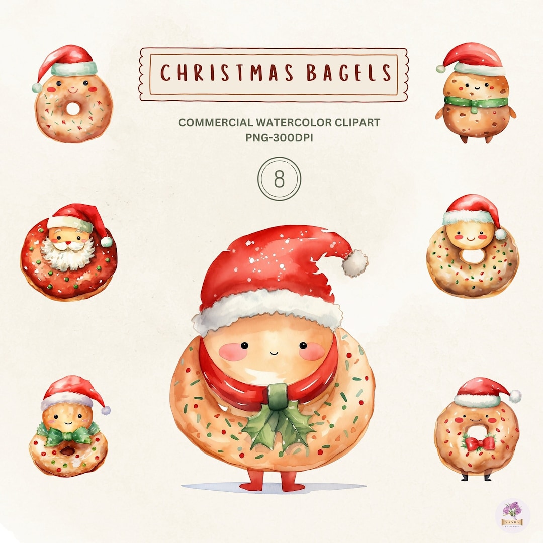 Watercolor Christmas Bagels Clipart, Bagel, Bread & Breakfast, Holiday ...