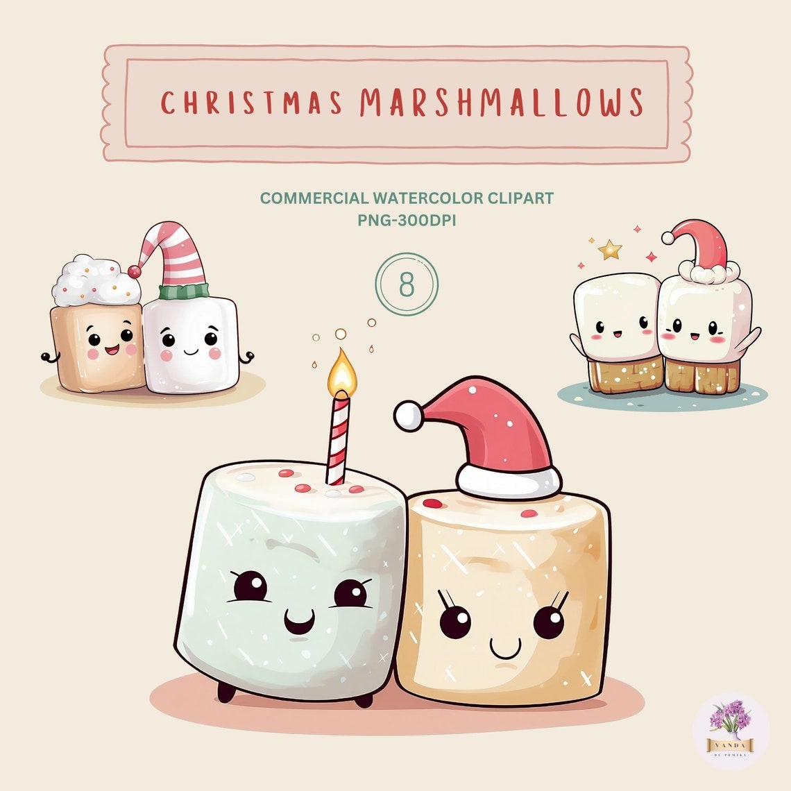 Watercolor Christmas Marshmallows Clipart, Cute Couple Dessert PNG ...