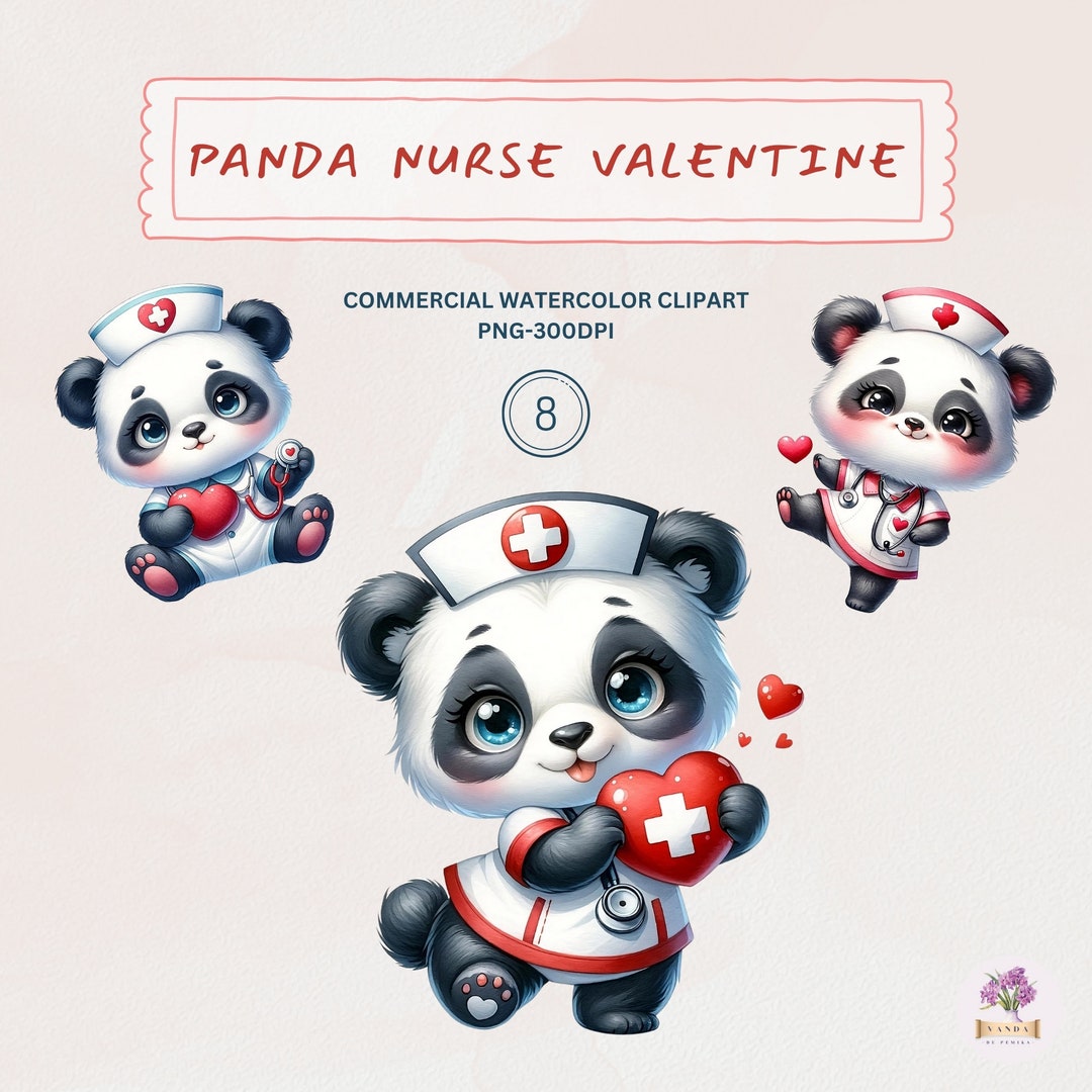 Watercolor Panda Nurse Valentine Clipart, Cute Animal, Baby Panda PNG ...