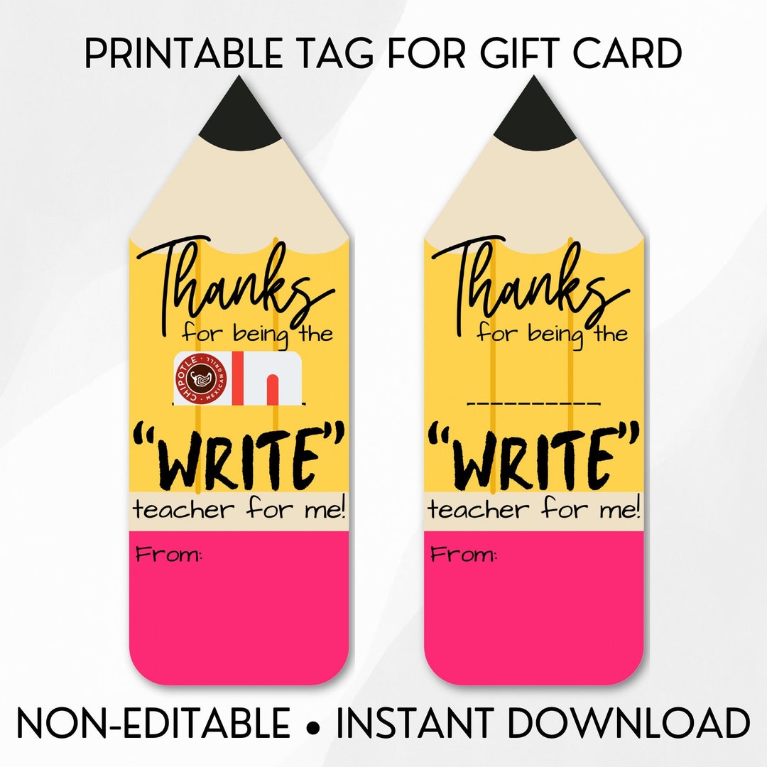 Thanks for Being the WRITE Teacher, Gift Card Tag, Teacherappreciation ...