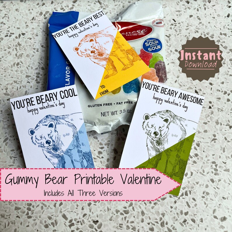 Gummy Bear Non-editable Printable Valentines; You’re Beary Awesome - Etsy