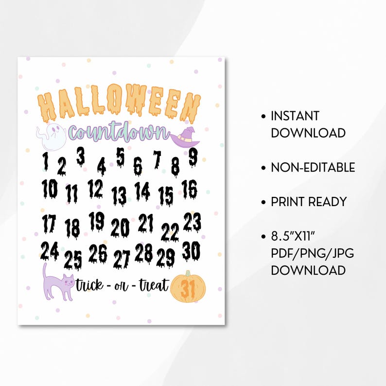Printable Cute Halloween Countdown Calendar - Non-editable - Instant ...