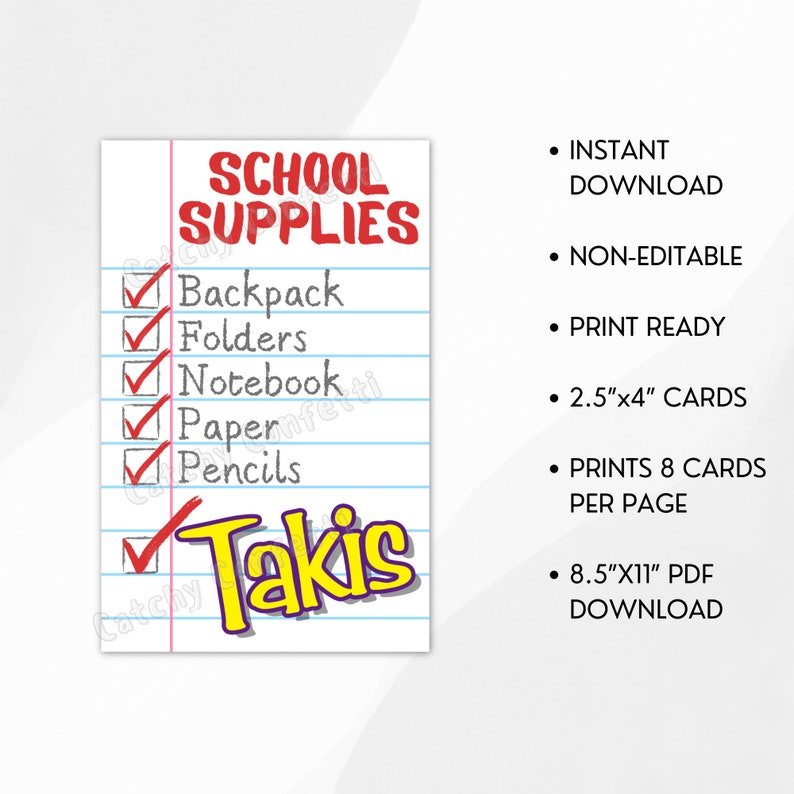 Takis Back to School Gift Tag - School Supplies Includes Takis - Non ...