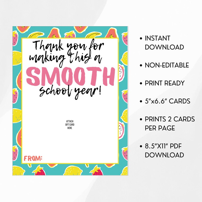 Smoothie School Year, Smoothie Gift Card Tag, Teacher’s Appreciation ...