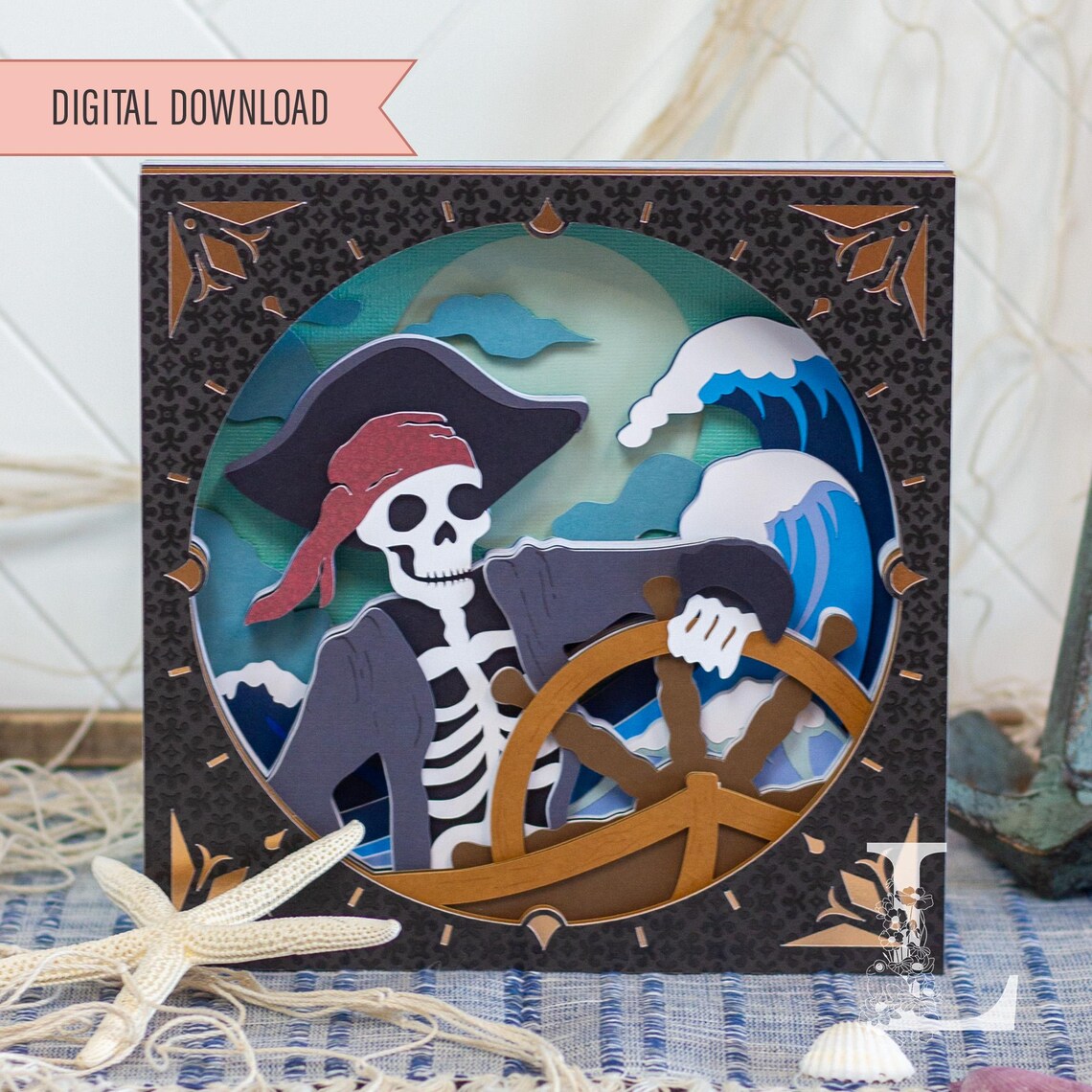 Skeleton Pirate Shadow Box Cut File - Pirate Lightbox Scene - Layered ...