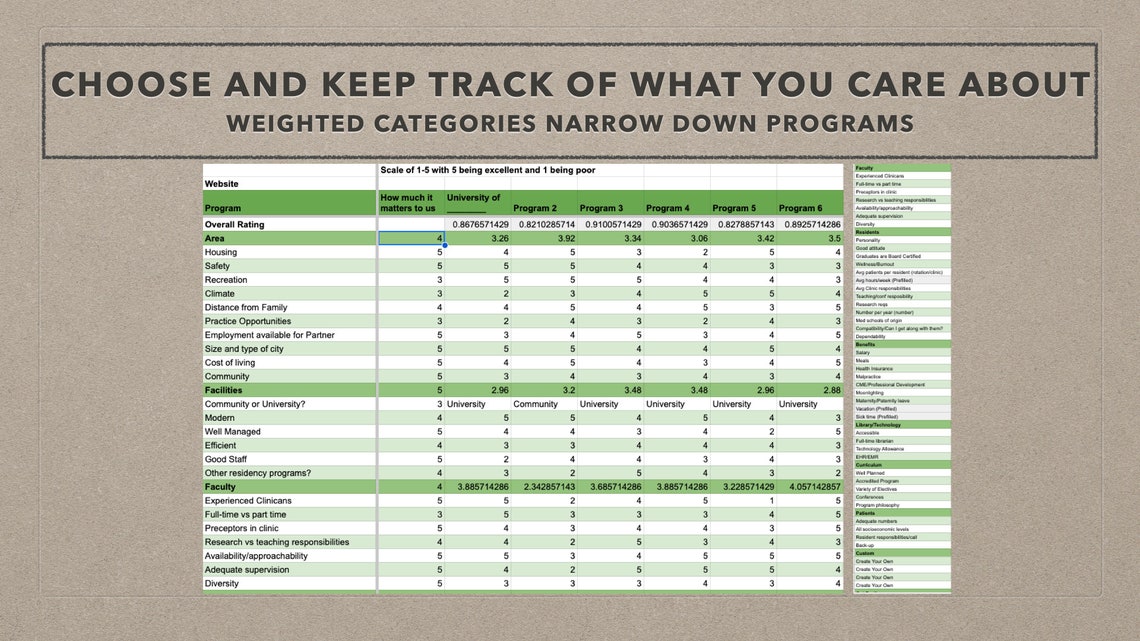 Ultimate Residency Program Ranking Spreadsheet - Etsy