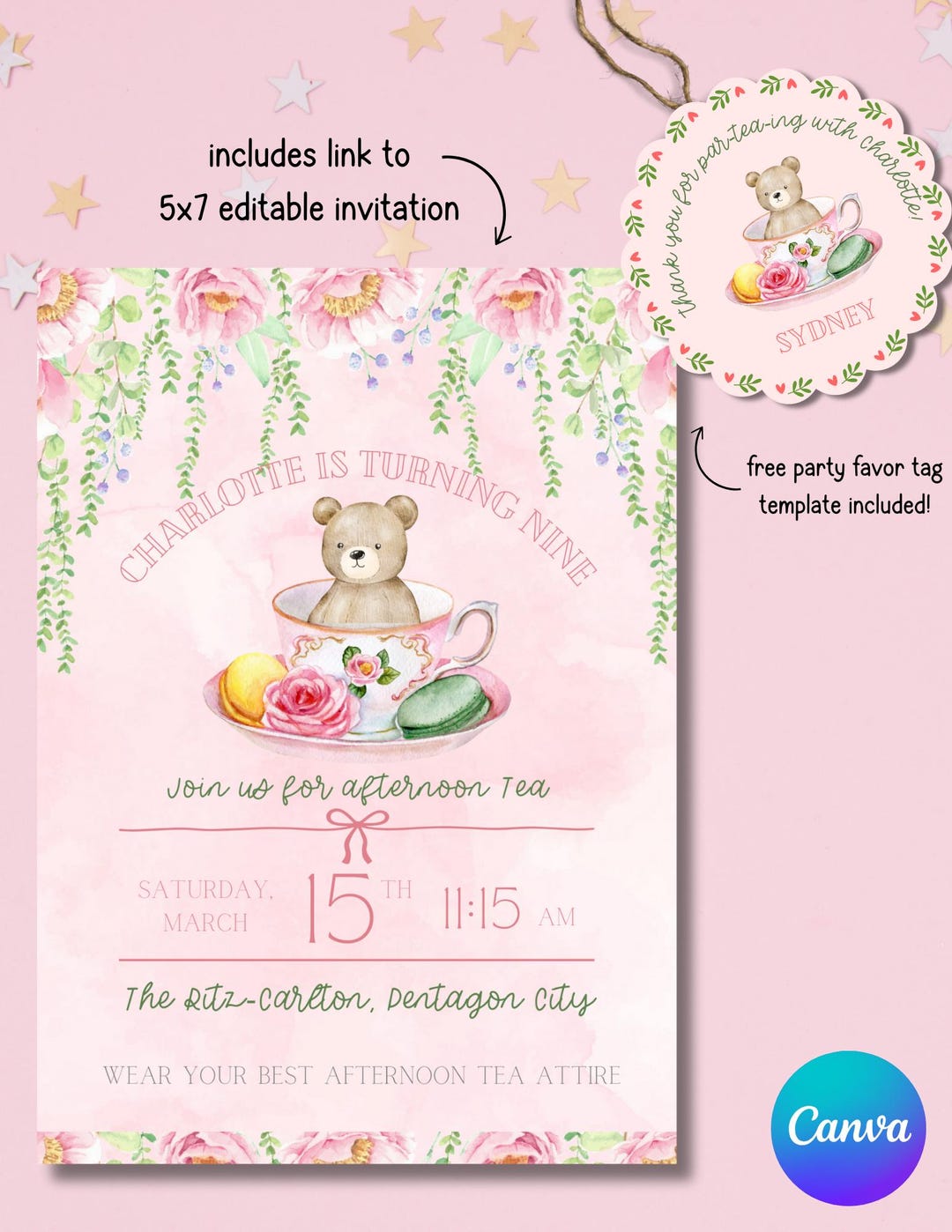 Digital Editable Teddy Bear Tea Party Invitation Instant Download ...