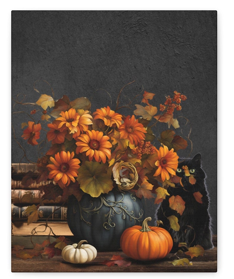 Fall Pumpkin and Black Cat Art Print, Living Room Wall Art, Rustic ...