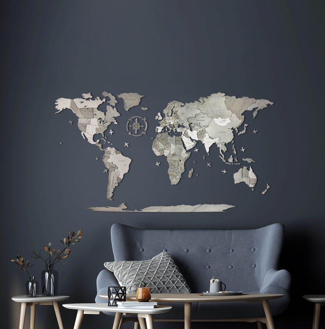 3D Puzzle World Map in Steel Color - Shades Od Gray - Traveler's DIY ...