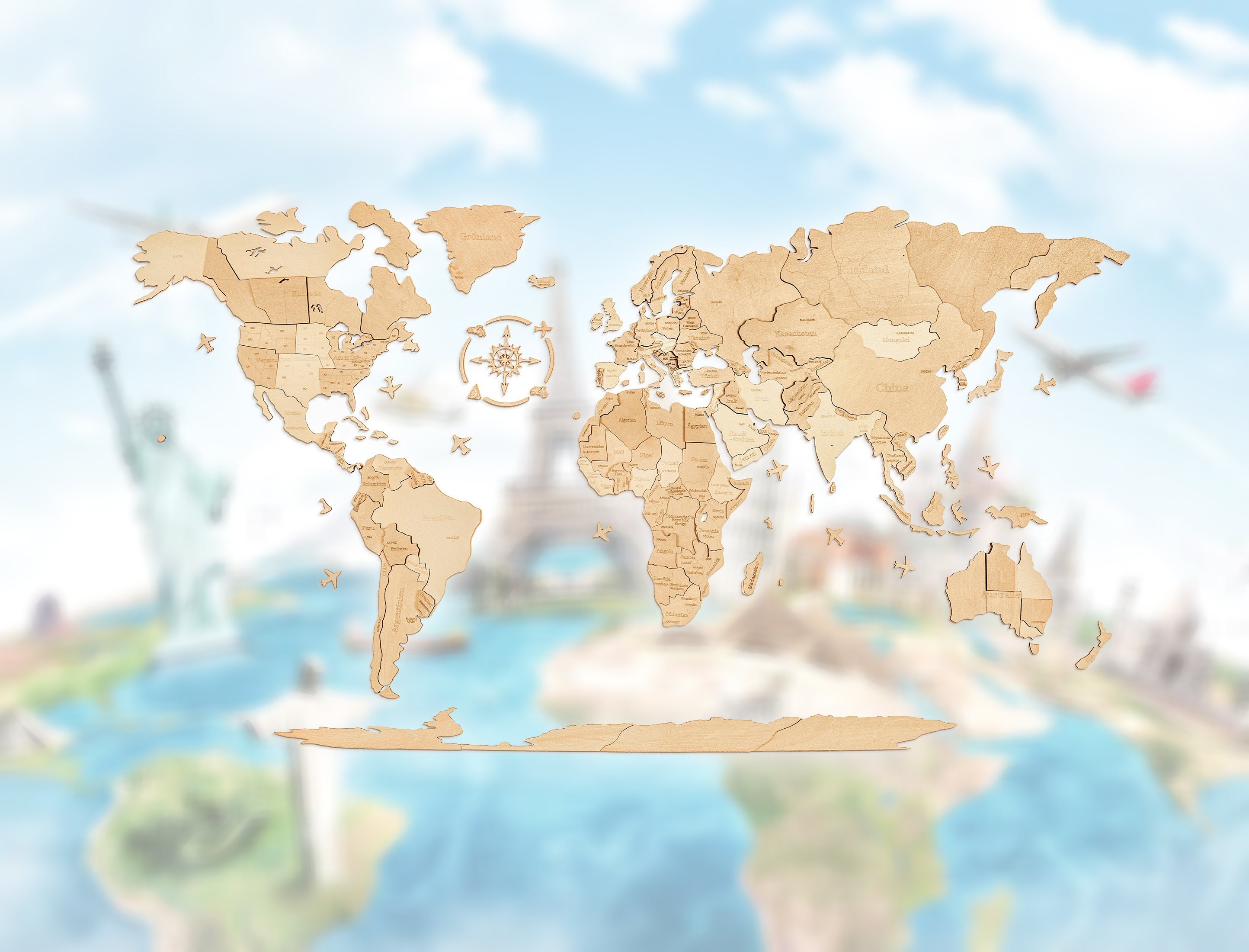 3D Puzzle World Map in Natural Birch DIY Unpainted Globe Kit for ...