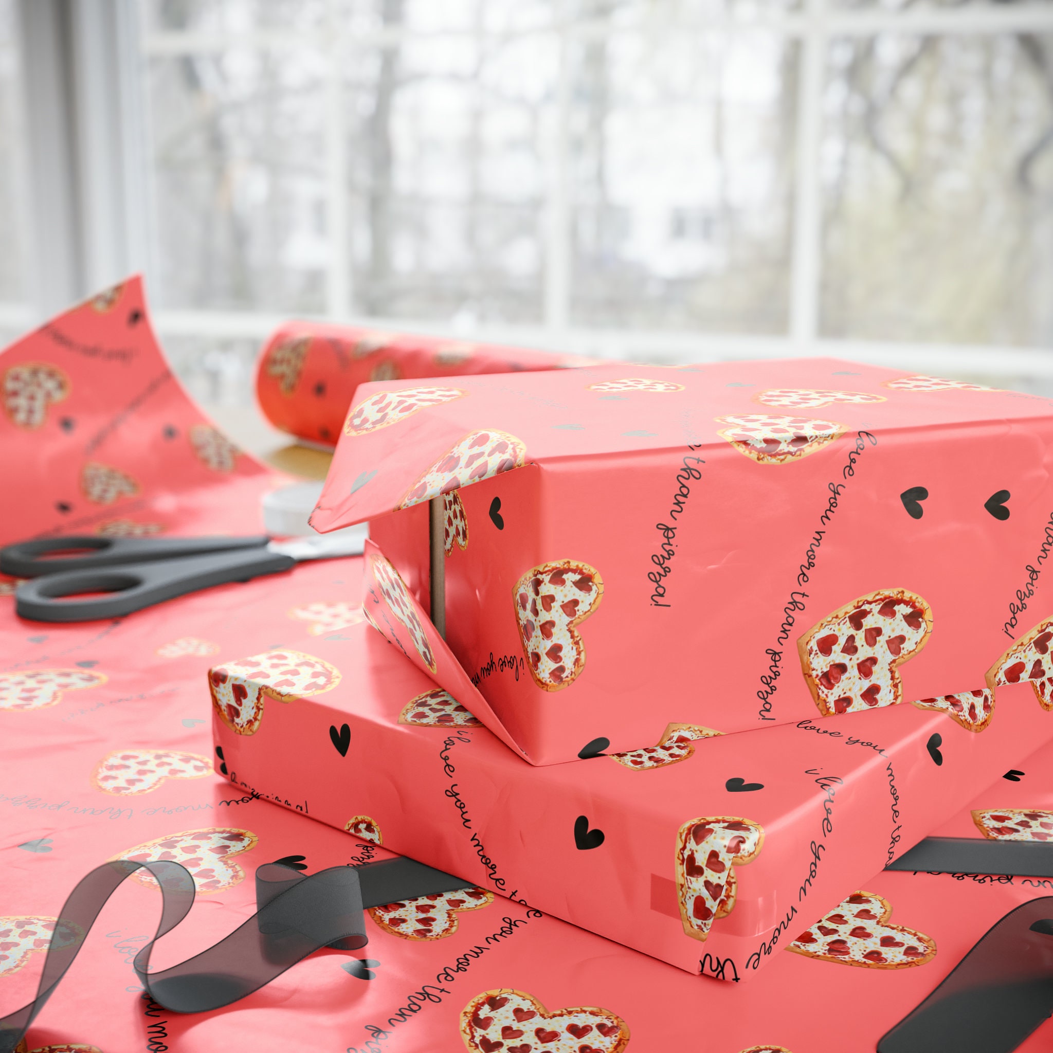 Valentine's Day Wrapping Paper Made Valentines Gift Wrap Pizza Heart ...