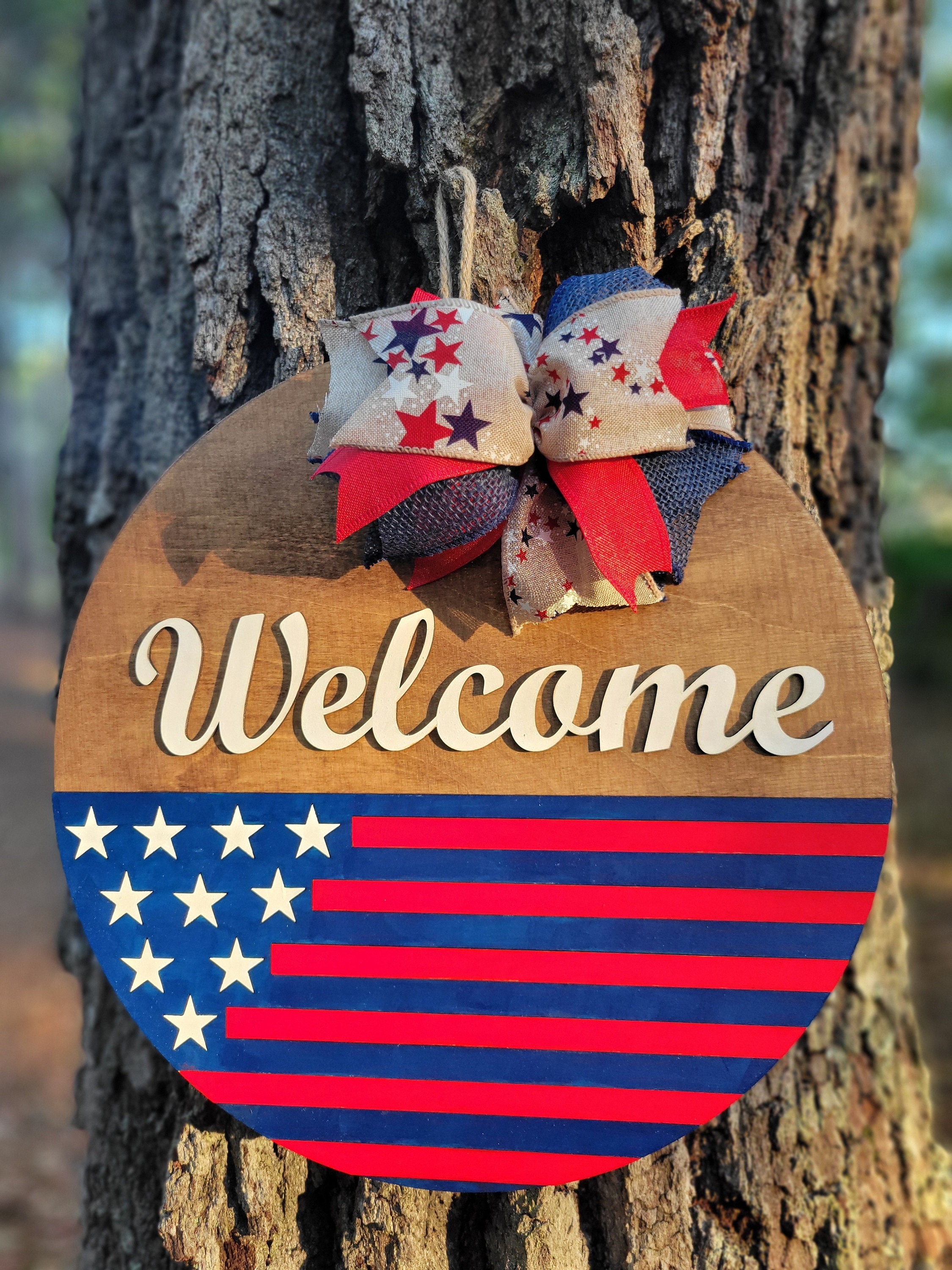 Patriotic Welcome Sign, Welcome Door Hanger, American Flag Sign, 4th of ...