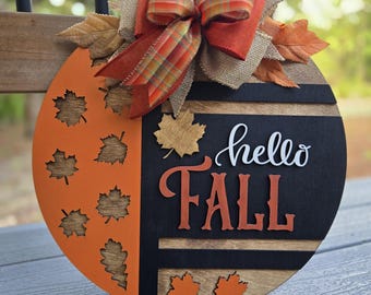 Hello Fall, Large Wooden Door Tag, Door Hanger, Farmhouse, Fall Wreath ...
