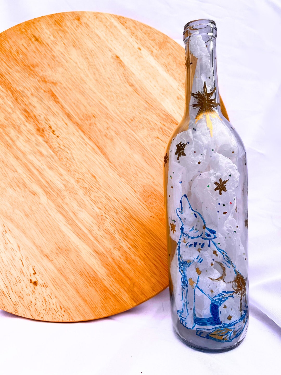 Hand Painted-wolf Bottle-howling Wolf Decor-stars and Moon-gift for ...